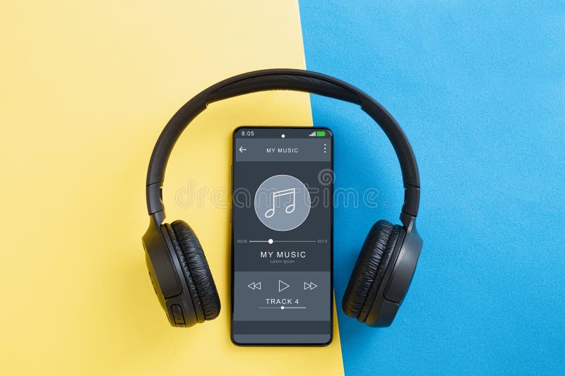 Music Player in Phone, Wireless Headphones and Phone Stock Photo ...