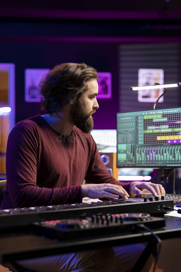 Music Producer Adding Tunes As Sound Effects for a New Soundtrack Stock ... Music Producer Adding Tunes As Sound Effects for a New Soundtrack Stock ...