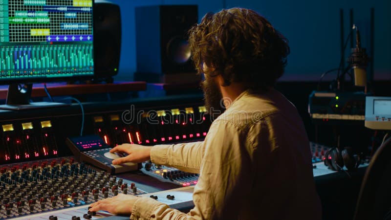 Music Producer Editing Tracks with Mixing Console and Audio Software in ...