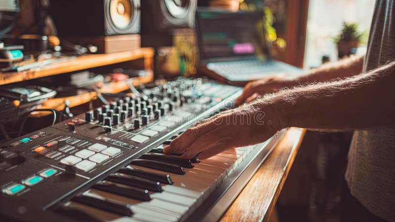 Music Producer Using MIDI Keyboard and DJ Mixer Stock Image - Image of ...