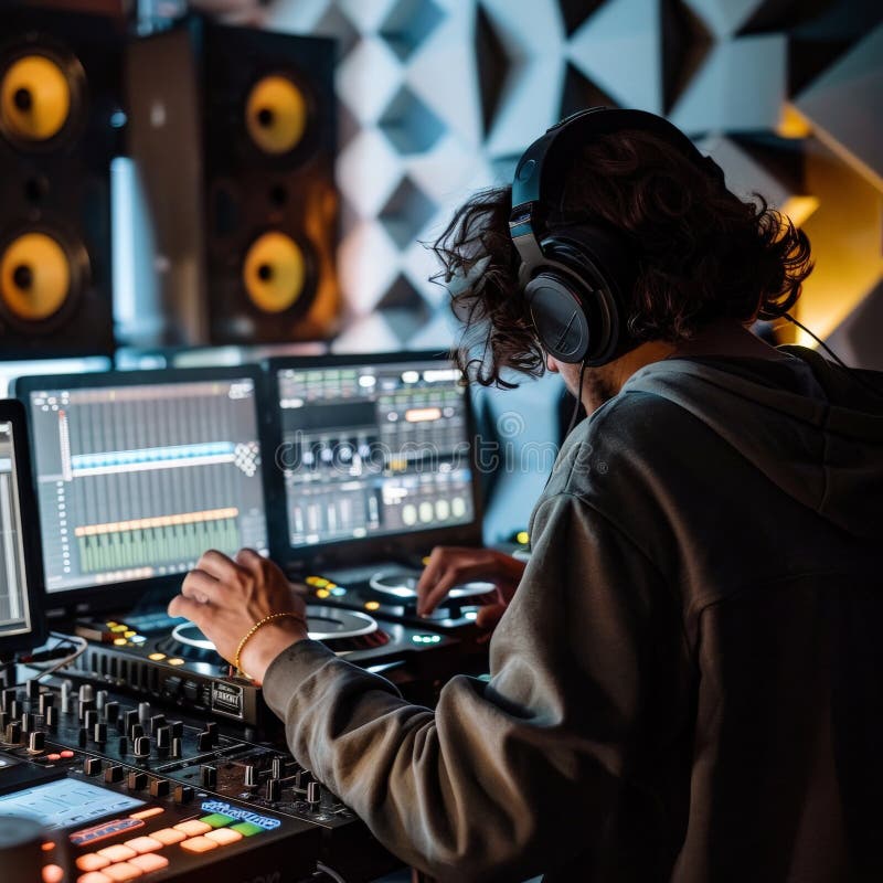 Music Producer Working on a Beat in His Home Studio Stock Illustration ...