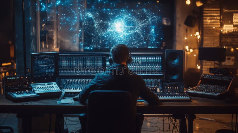 Music Producer Working in Dark Blue Lit Studio with Cosmic Screen ...