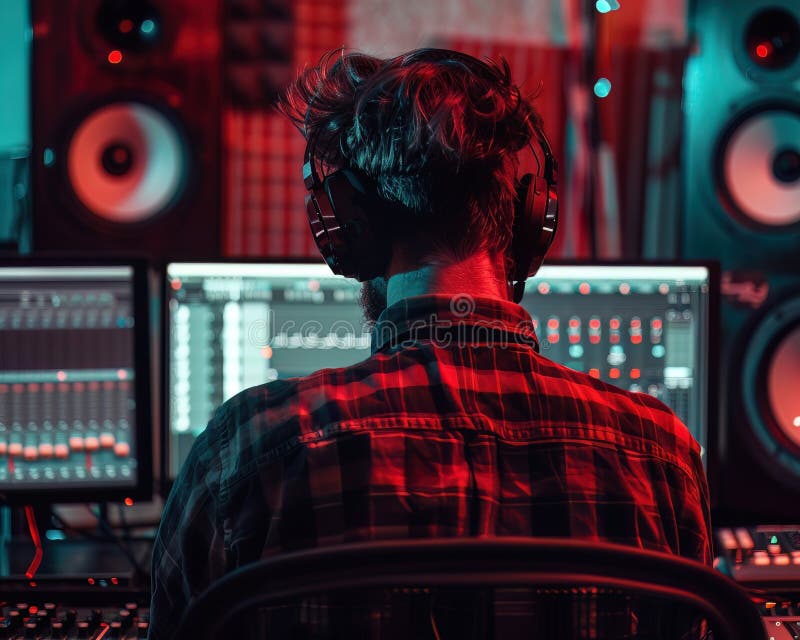 A Music Producer Works in a Recording Studio Focusing on the Computer ...