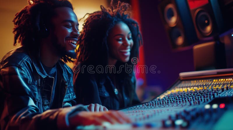 Music Producers Working in Recording Studio Using Mixing Console Stock ...