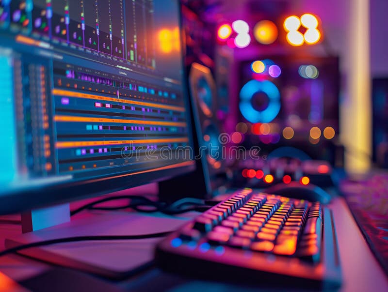 Music Production Desk with Glowing LED Lights Stock Photo - Image of ...