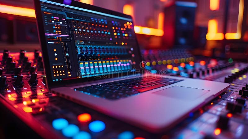 Music Production Oasis: Laptop with DAW in Neon-Lit Studio. Concept ...