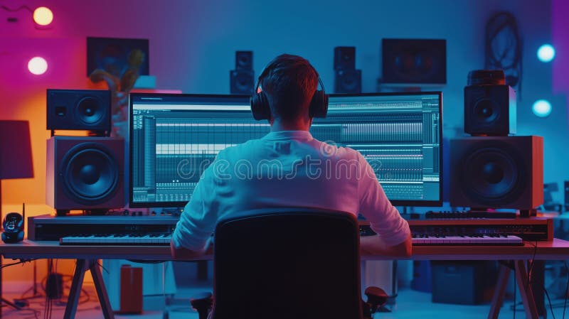 Music Production Setup with Colorful Lighting and Equipment Stock Photo ...