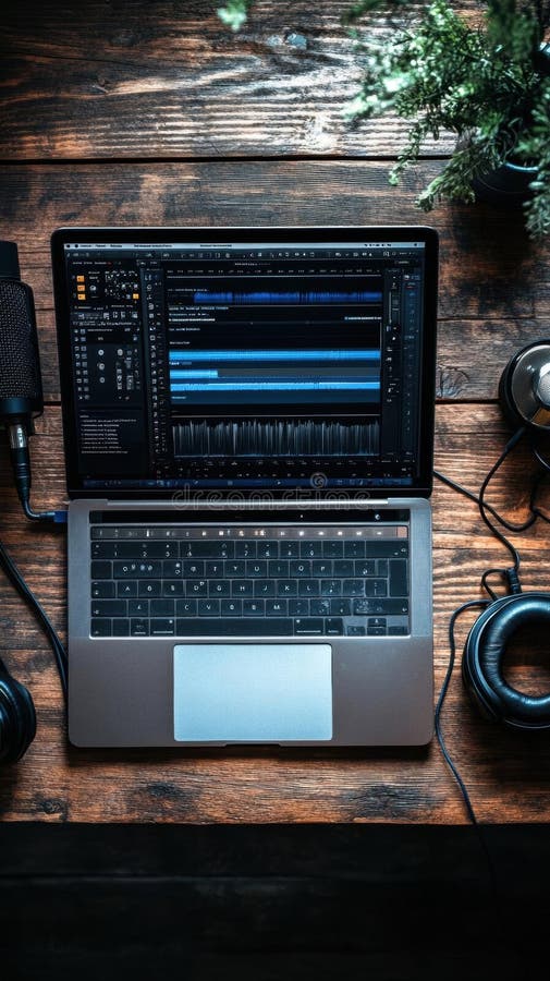 Music Production Studio, Laptop, Headphones, and Microphone Setup Stock ...
