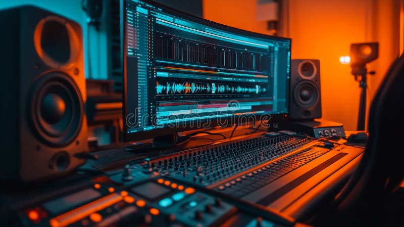 Music Production Studio Setup with Mixing Console and Audio Software ...