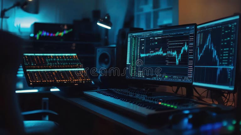 Music Production Studio with Two Computer Monitors Displaying Audio ...