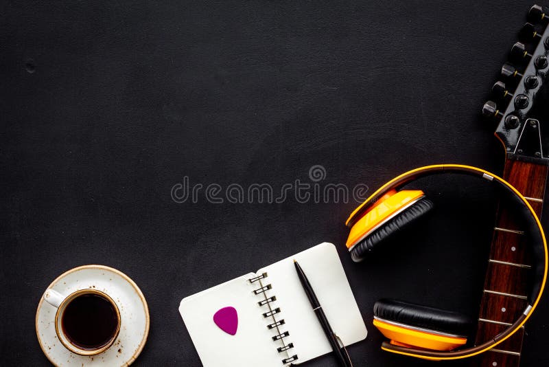 Music Record Studio with Musician and DJ Instruments Black Background ...