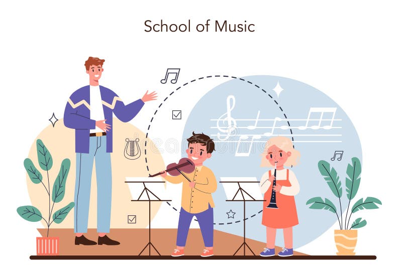 Music School Concept. Kids Playing Music Instruments Stock Vector ...