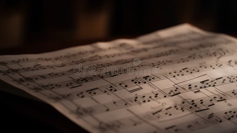 Music Sheet on a Wooden Table in the Dark, Close-up Stock Illustration ...