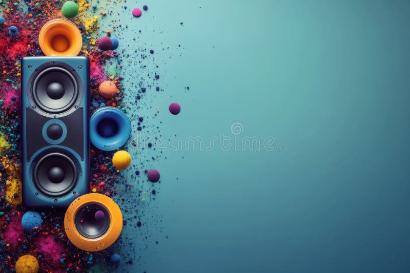 Music Speaker Exploding with Colorful Holi Powder on Blue Background ...