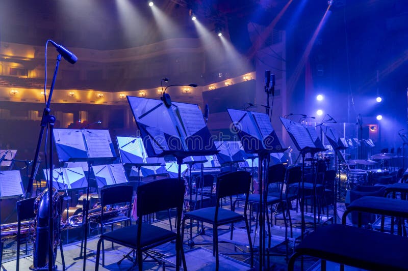Music Stands with Orchestral Notes in the Concert Hall Editorial Photo ...