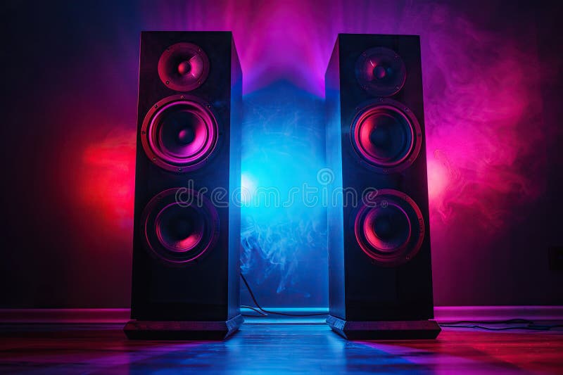 Music Stereo System in Neon Light and Smoke. Generated by Artificial ...