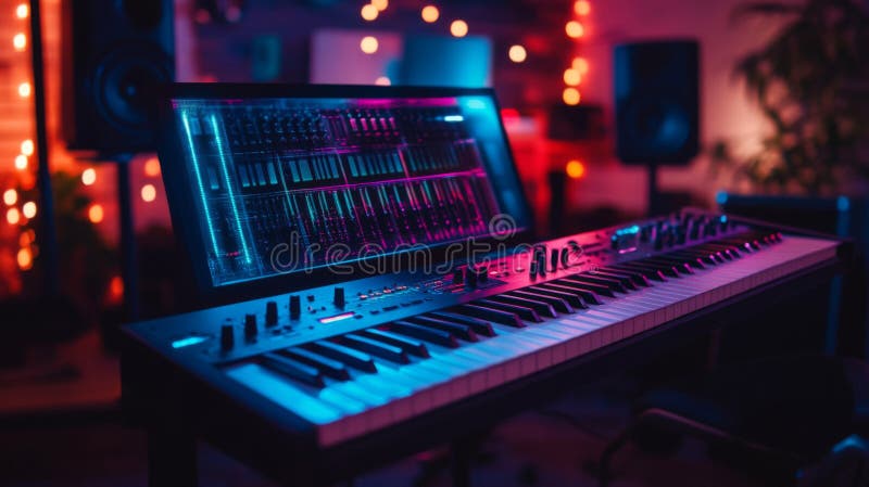 Music Studio Setup with Illuminated Keyboard and Screen Stock ...