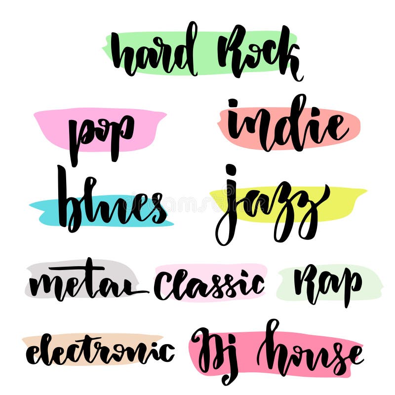 Music Styles Typographic Set with Hand Lettering. Vector Modern ...