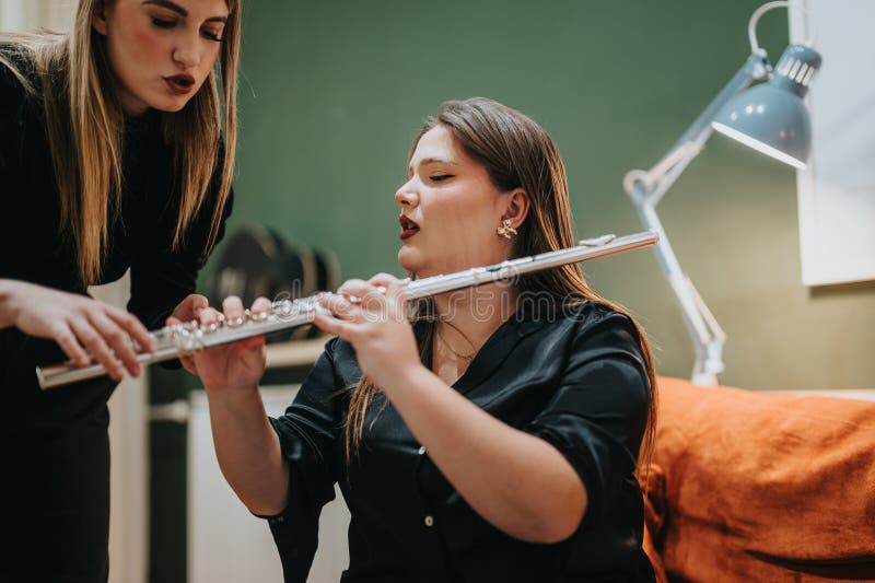 Music Teacher Guiding Student in Practicing the Flute Indoors Stock ...