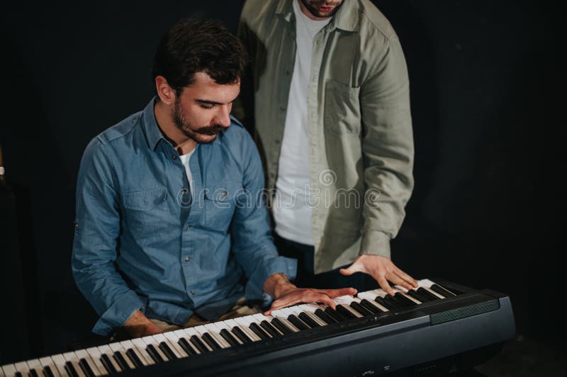 Music Teaching Scene with Keyboard and Two Men in a Lesson Interaction ...