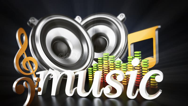 Music Text Speakers, Music Notes and Equalizer. 3D Illustration Stock ...
