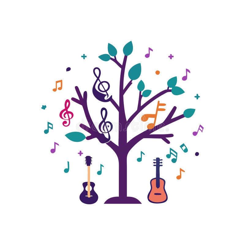 Music Tree Vector Illustration: Guitars, Notes, Leaves, and Branches in ...