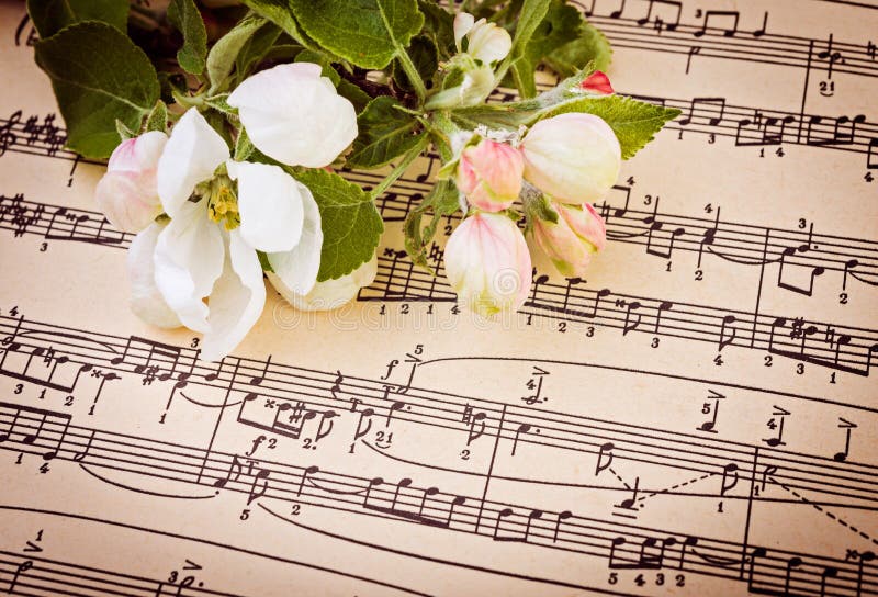 Flowers On Music Notes Sheet, Abstract Art Background . Stock Photo ...