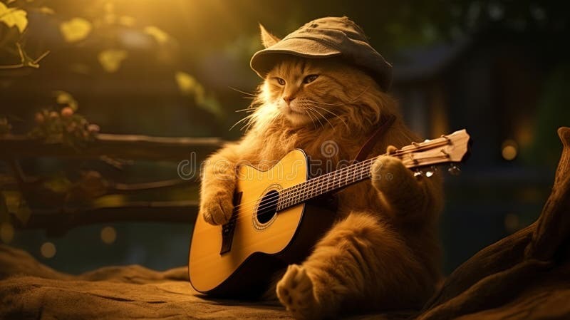 A Musical Cat with a Guitar, Performing Cat Melodies Stock Illustration ...