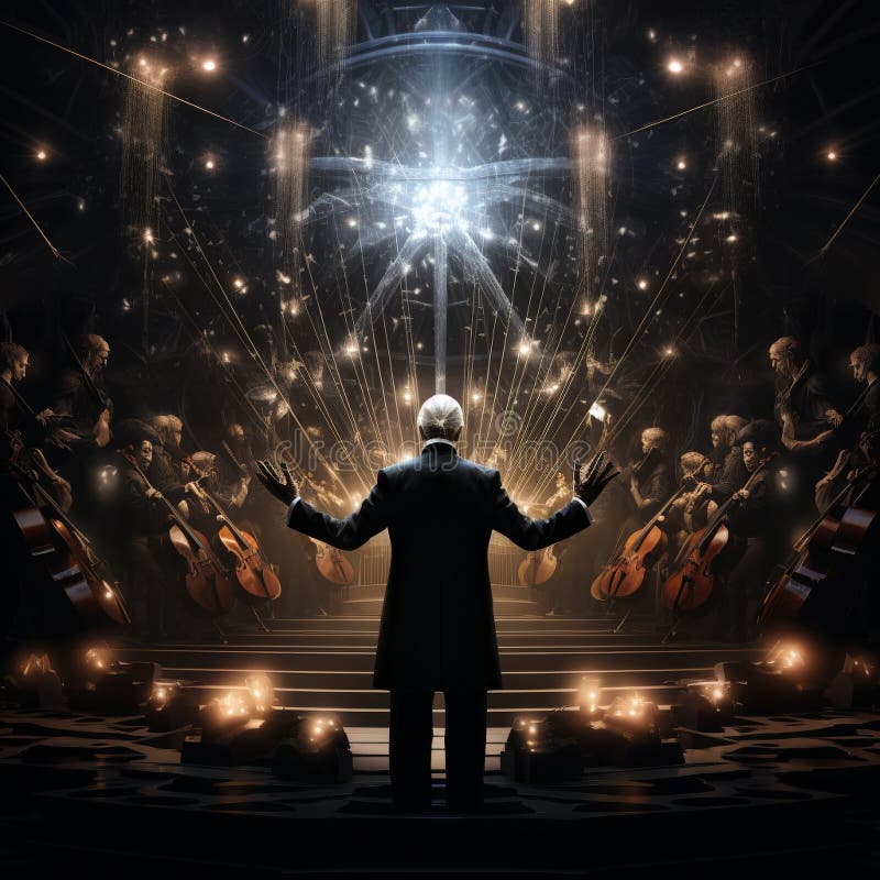 Musical Conductor with Gleaming Surgical Instruments on Grand Stage ...