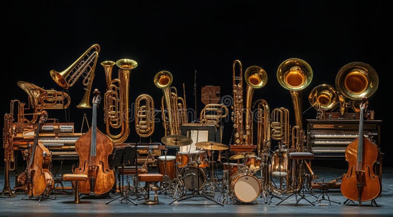 Musical Ensemble, a Medley of Brass, String, and Percussion Instruments ...