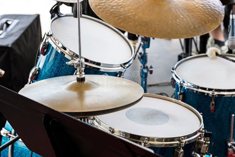 Musical Equipment on Stage. Drum Set Ready for Street Performance ...