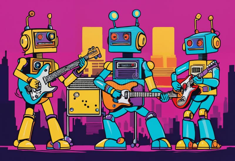 A Musical Group of Analog Robots in Retro Style Stock Illustration ...