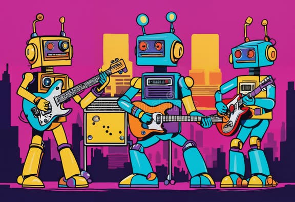 A Musical Group of Analog Robots in Retro Style Stock Illustration ...