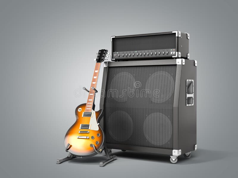Musical Instrument Guitar and Speaker 3d Render on a Grey Gradient ...