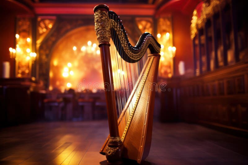 Musical Instrument Harp with Strings in Beautiful Dark Hall Close-up ...