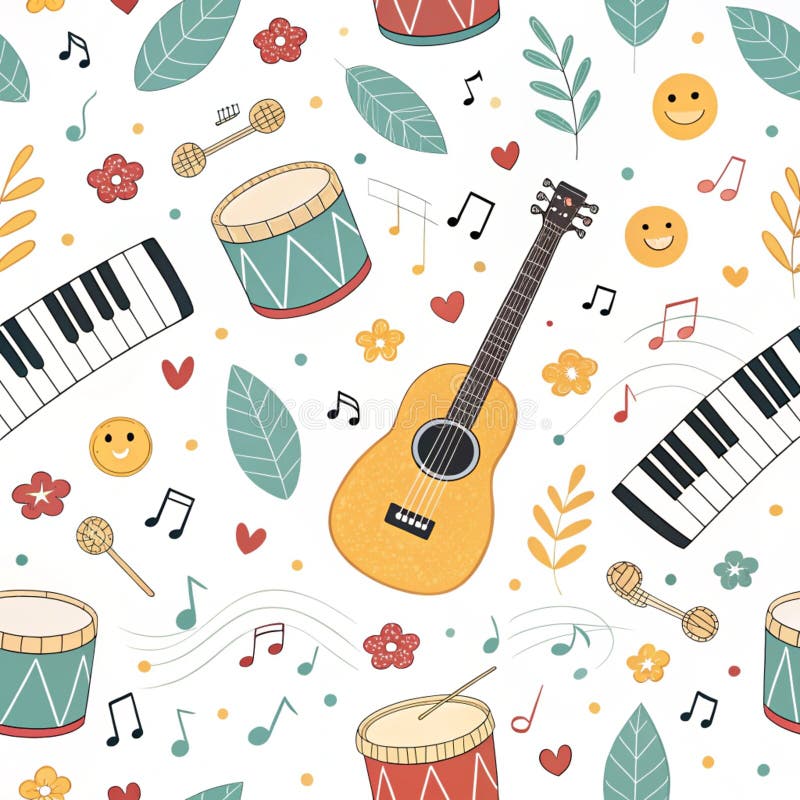 Musical Instrument Pattern with Flowers, Leaves, and Musical Notes ...