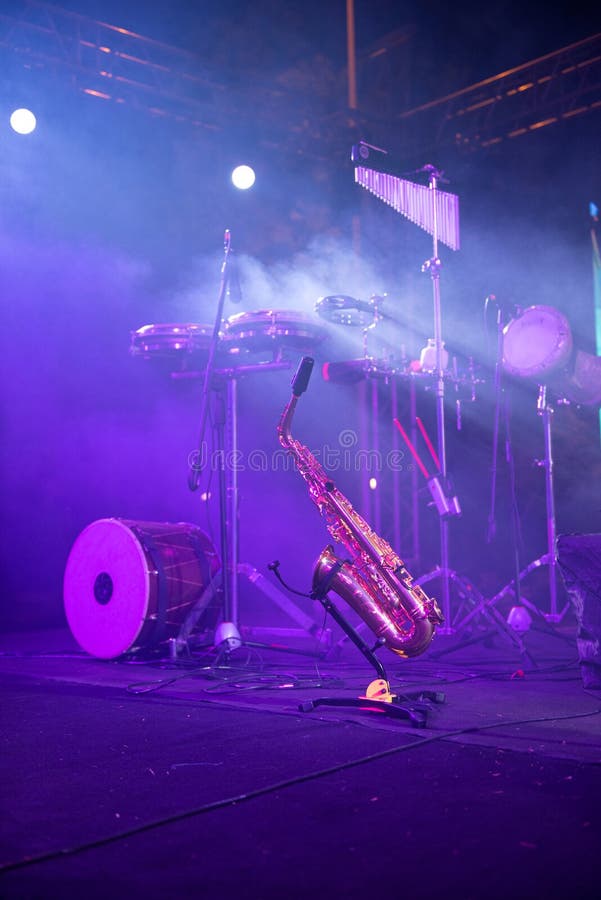 Musical Instrument Saxophone Stands on a Stand on the Concert Stage in ...