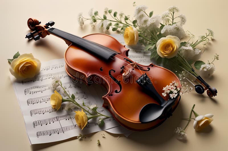 Musical Instrument, Violin with Notes and Flowers Stock Photo - Image ...