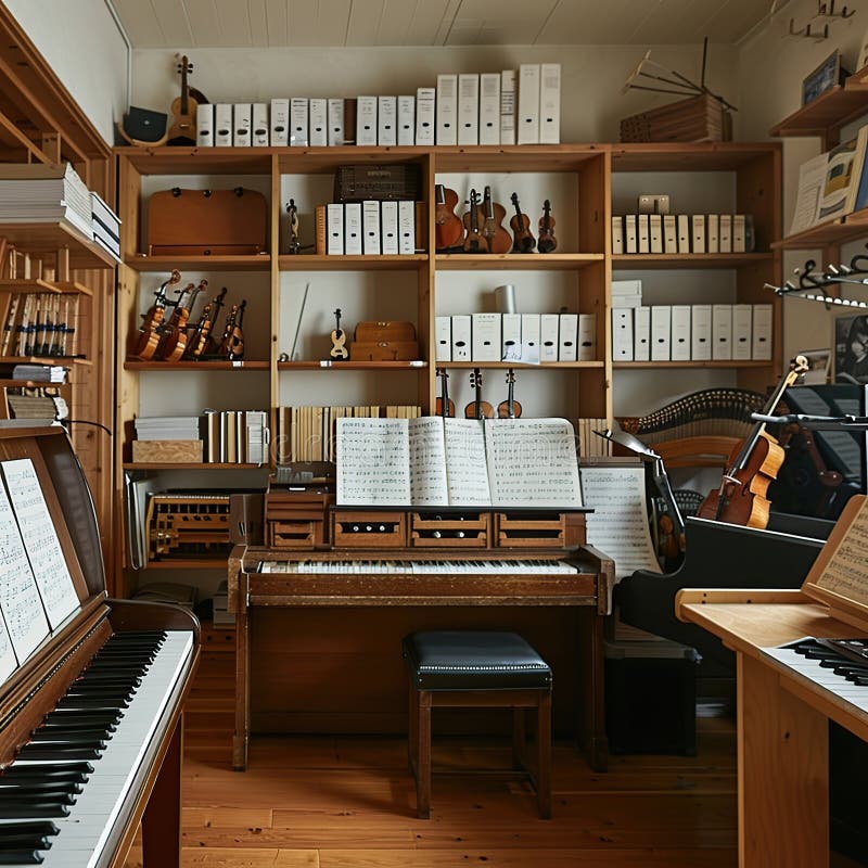 Musical Instrument Workshop with Pianos, Violins, and Sheet Music Stock ...