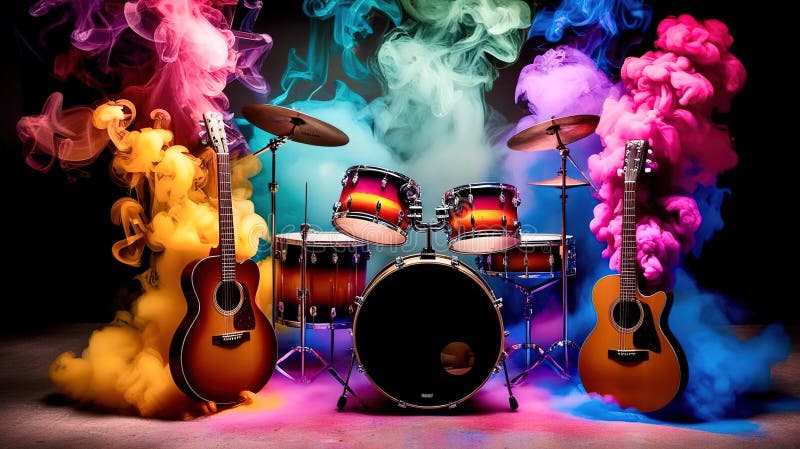 Musical Instruments Against the Background of Holi Colors Stock Photo ...