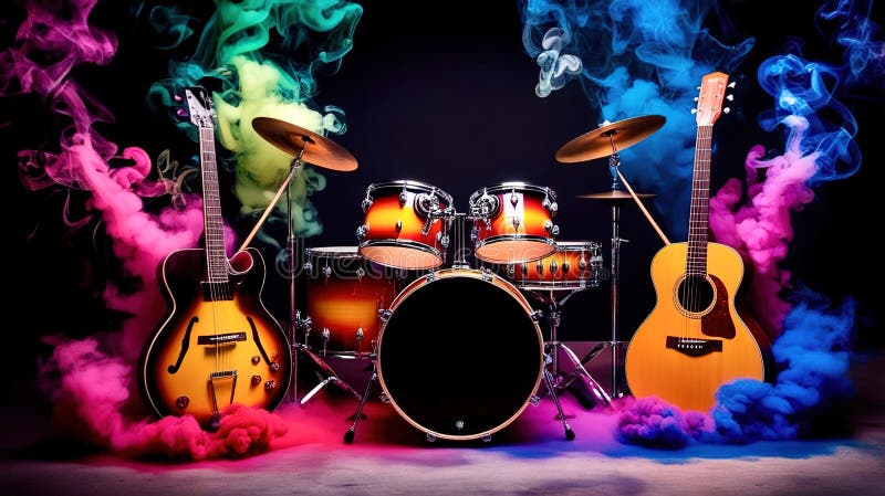 Musical Instruments Against the Background of Holi Colors Stock Photo ...