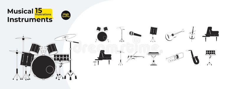 Musical Instruments Black and White 2D Line Cartoon Objects Bundle ...