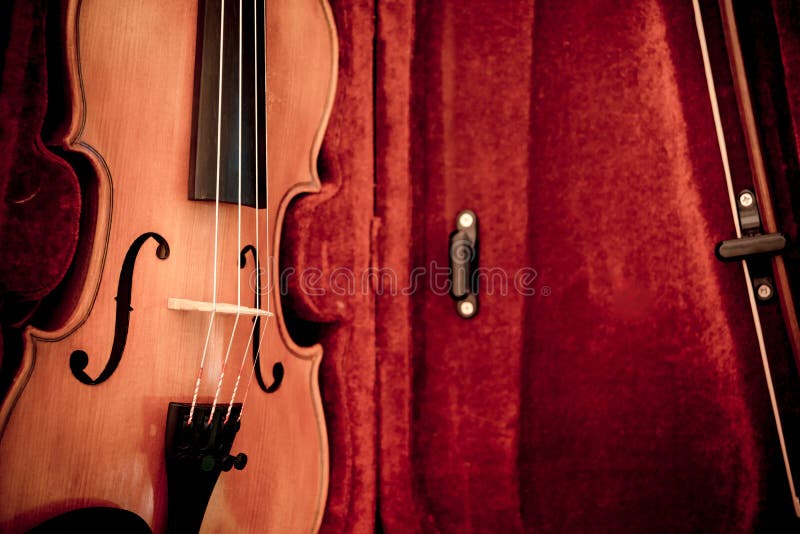 Musical Instruments. Close Up Violin and Bow in Open Dark Red Case ...