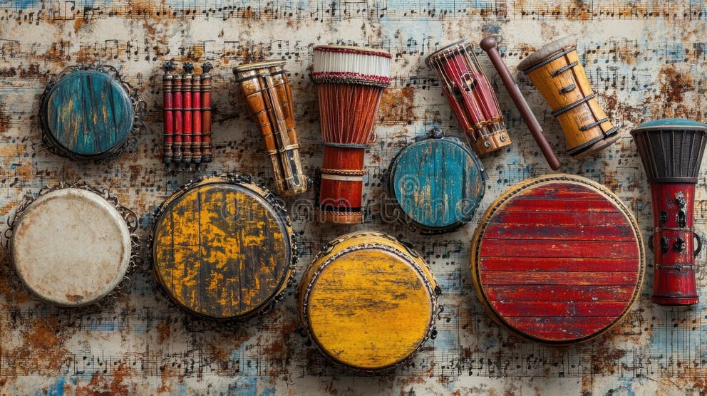 Musical Instruments Collage, an Array of Tambourines, Maracas ...
