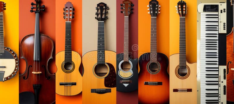 Musical Instruments Collage with White Vertical Lines and Segments in ...