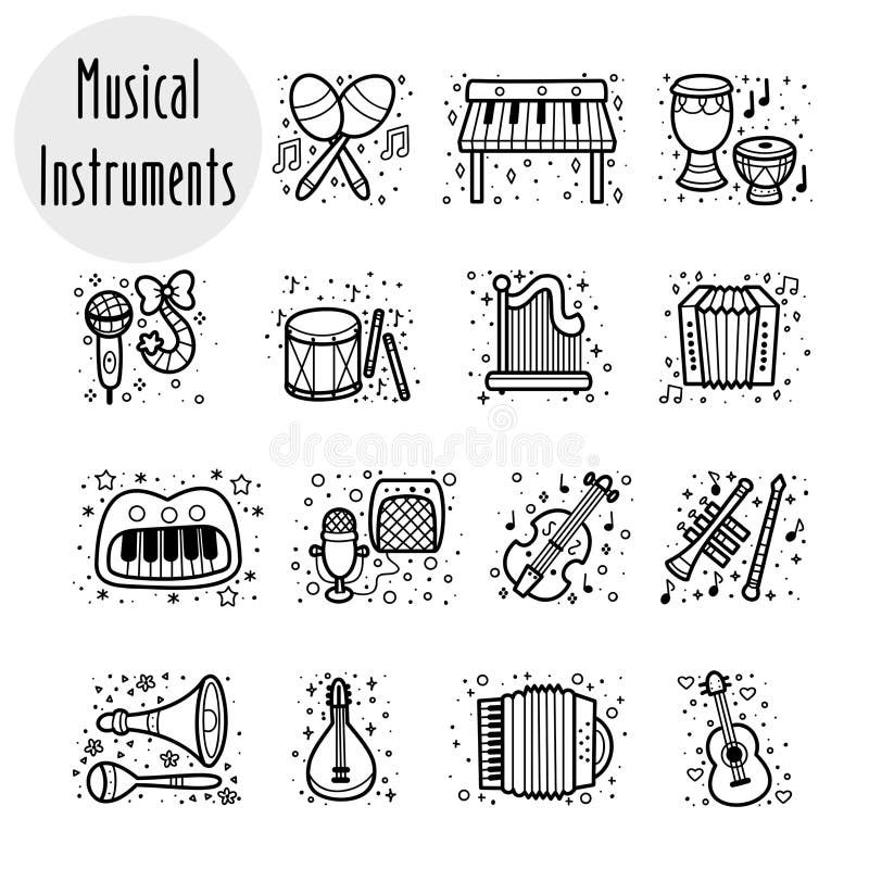 Musical Instruments in Cute Doodle Style, Hand Drawn Black and White ...