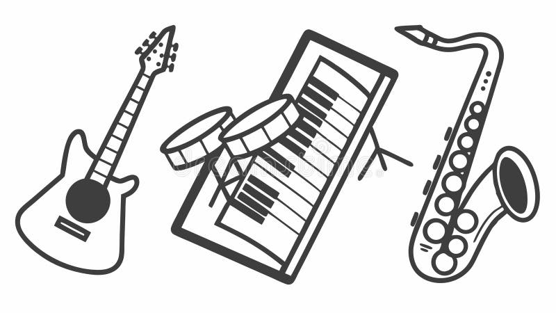 Musical Instruments Doodle Set Keyboard Sax and Guitar, Vector Design ...