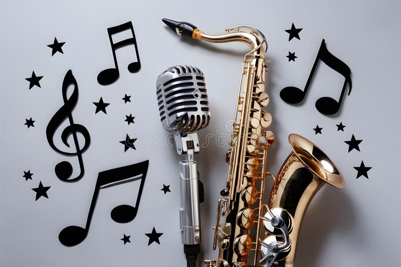 Musical Instruments on Gray Background with Notes and Stars Stock ...