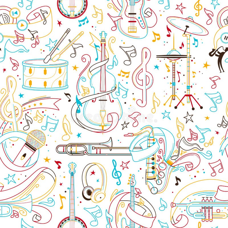 Musical Instruments Hand Drawn Outline Seamless Pattern Stock Vector ...
