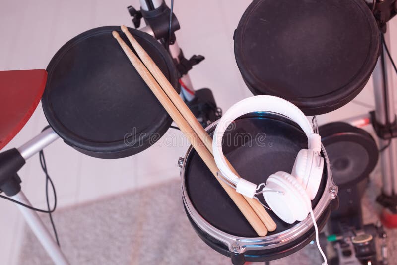 Musical Instruments, Hobby and Music Concept - Headphone, Drumsticks on ...